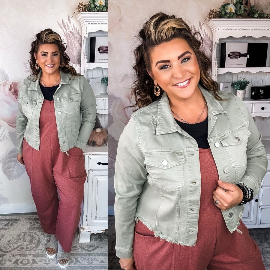 Make Me Happy Fray Hem Color Jean Jacket - Olive