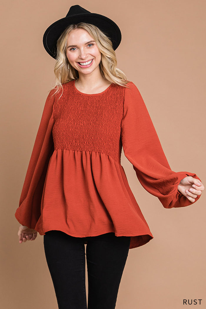 Wishing for Change Smocked Top - Rust