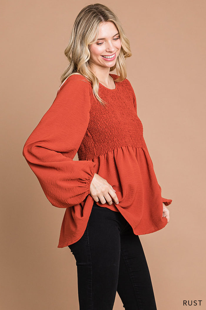 Wishing for Change Smocked Top - Rust